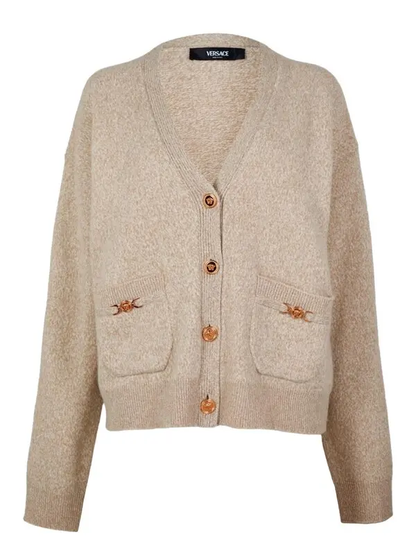 Versace V-neck Button-front Cardigan With Pockets - Beige/bone