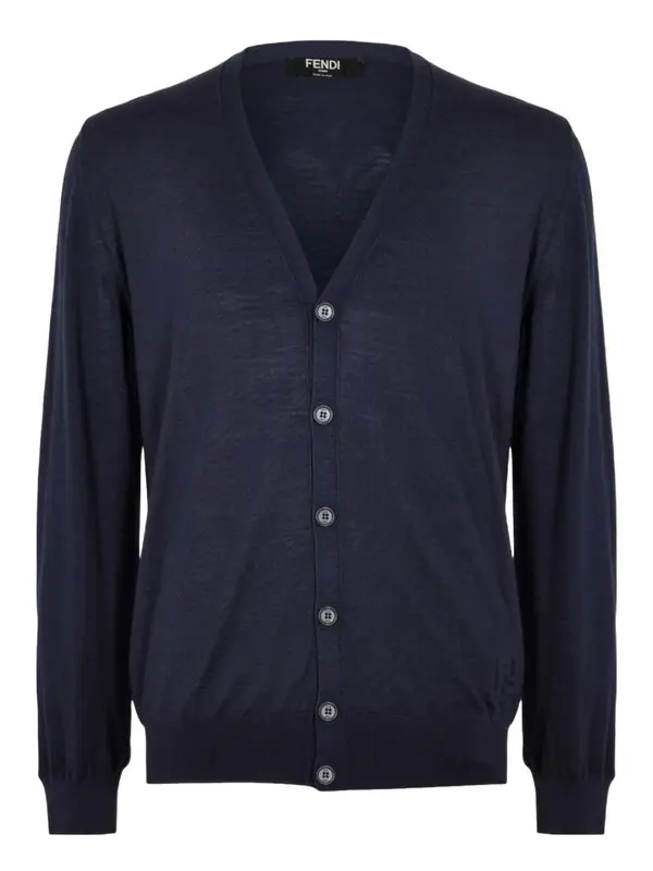 Fendi V-neck Cardigan With Ribbed Cuffs And Hem - Blue