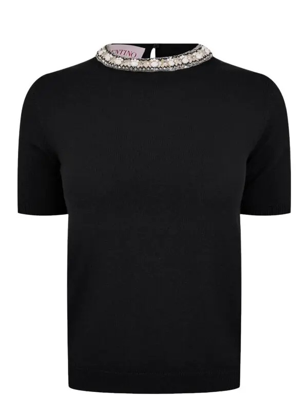 Valentino Garavani Short-sleeved Knit Sweater With Embellished Neckline - Black