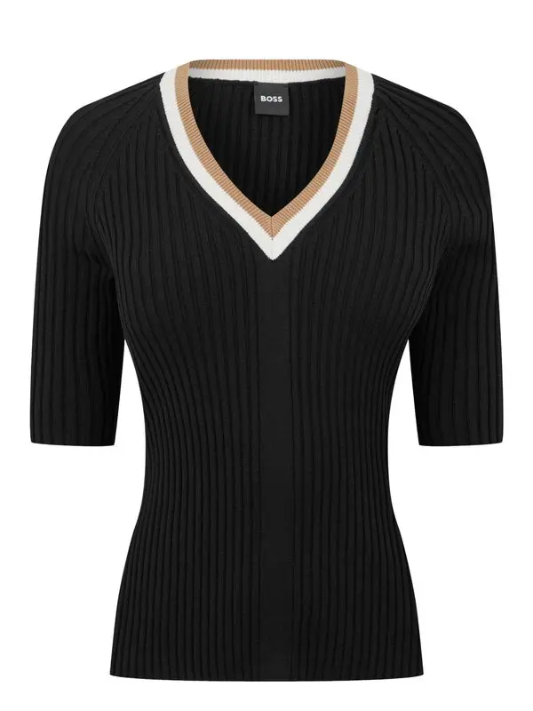 Hugo Boss Ribbed V-neck Short Sleeve Top - Black