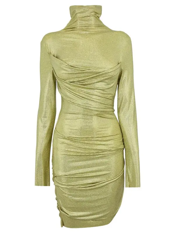 Off-White Long Sleeve Draped Dress - Green