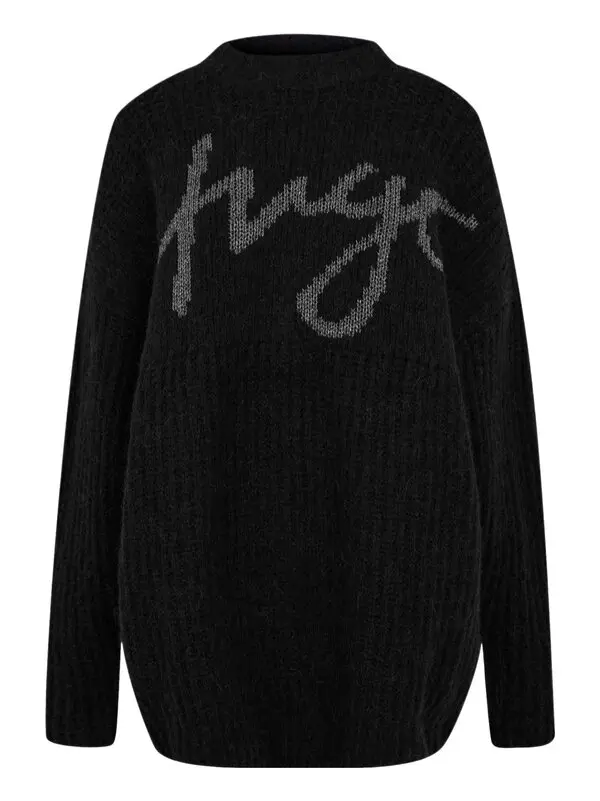 Hugo Boss Loose Crew Neck Chunky Knit Sweater With Logo - Black