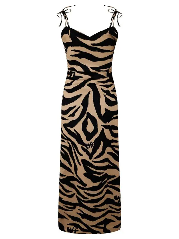 Off-White Zebra Print Midi Dress With Sweetheart Neckline - Black