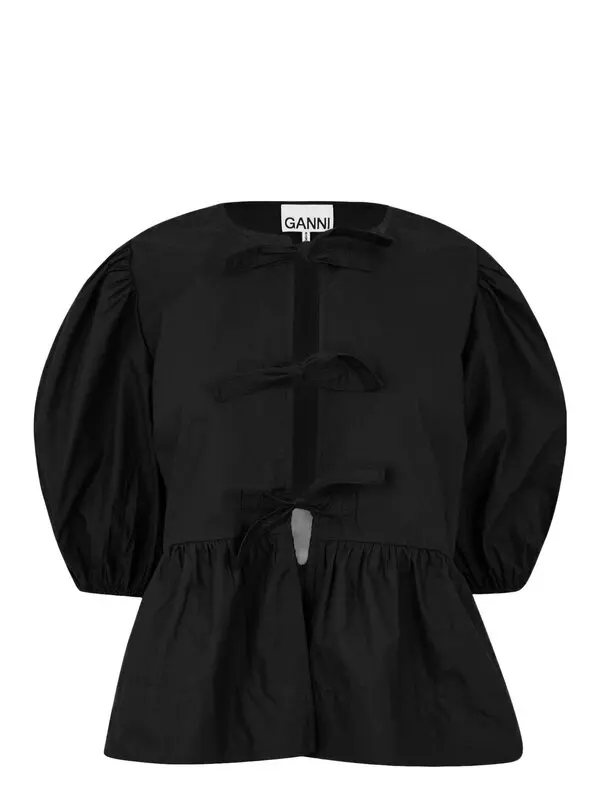 GANNI Cotton Puff Sleeve Top With Bow Detail - Black