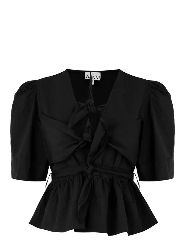 GANNI Tie Detailed V-neck Blouse - Black