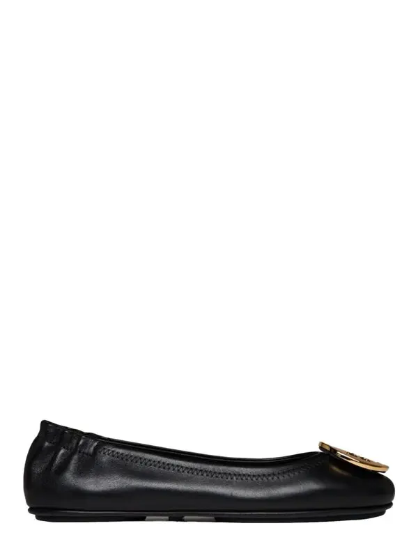 Tory Burch Leather Ballerina Flats With Gold Tone Logo Detail - Black