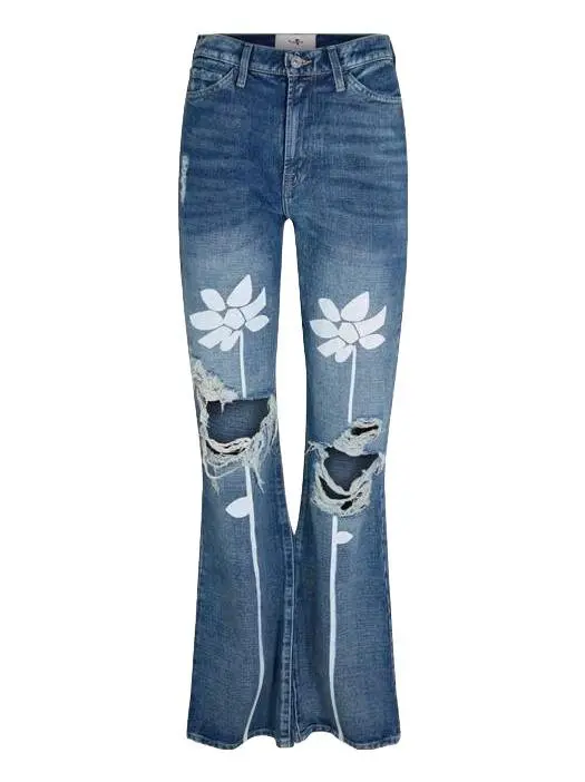 7 For All Mankind Easy Bootcut Jeans With Floral Print And Knee Slits - Blue
