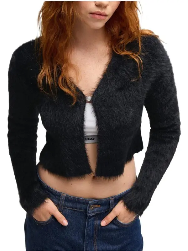 Hugo Boss Cropped Knit Sweater With V-neck - Black