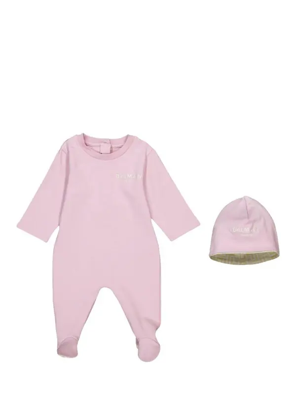Balmain Baby Footed Onesie And Hat Set - Pink