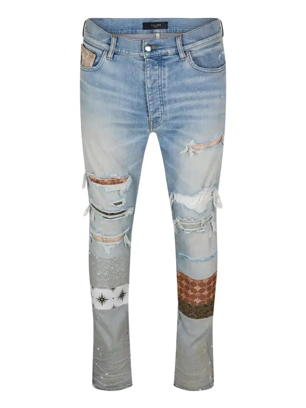 Amiri Distressed Skinny Jeans With Patchwork Detail - Gray