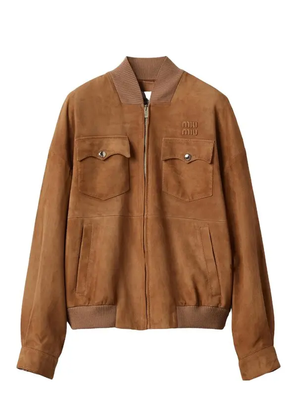 Miu Miu Suede Nappa Leather Bomber Jacket With Embossed Logo - Brown