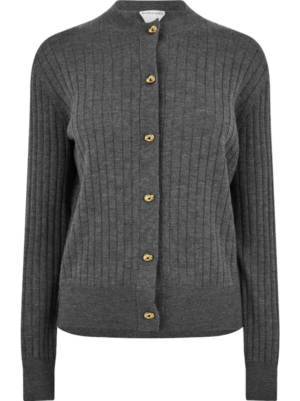 Bottega Veneta Ribbed Wool Cardigan With Golden Buttons - Black
