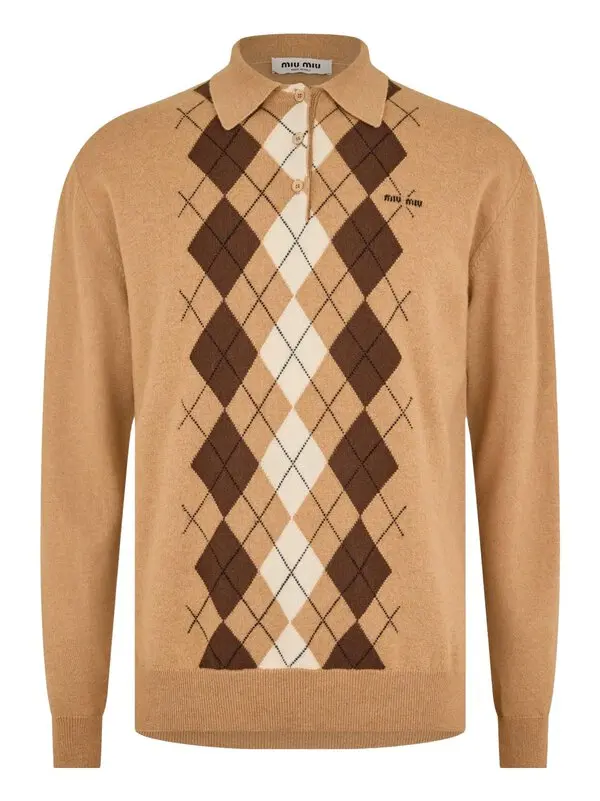 Miu Miu Knitted Polo Sweater With Argyle Pattern - Black