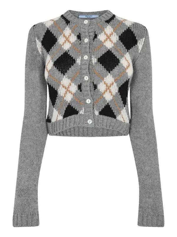 Prada Argyle Jacquard Cropped Knit Cardigan - Black