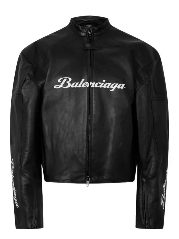 Balenciaga Logo Leather Biker Jacket - Black