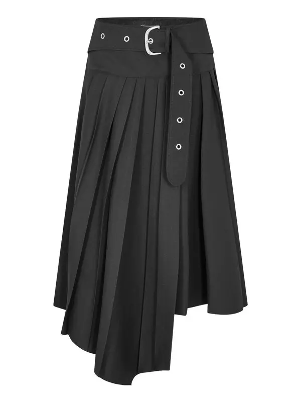 Off-White Pleated Skirt With Belt And Asymmetrical Hem - Black