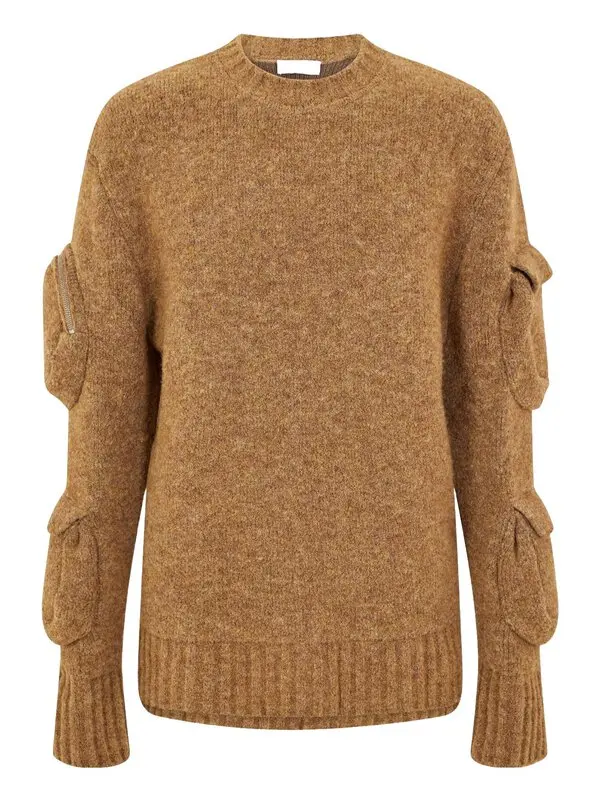 Off-White Crew Neck Knit Sweater With Patch Pockets - Brown