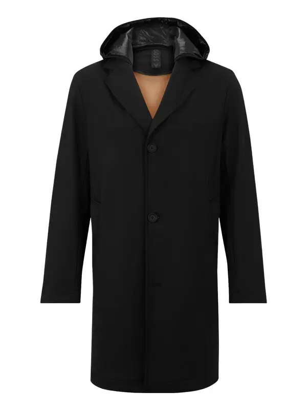 Hugo Boss Long Notch-lapel Coat With Detachable Hood - Black