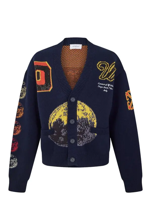 Off-White Multicolor Letter And Planet Jacquard Knit Cardigan - Black