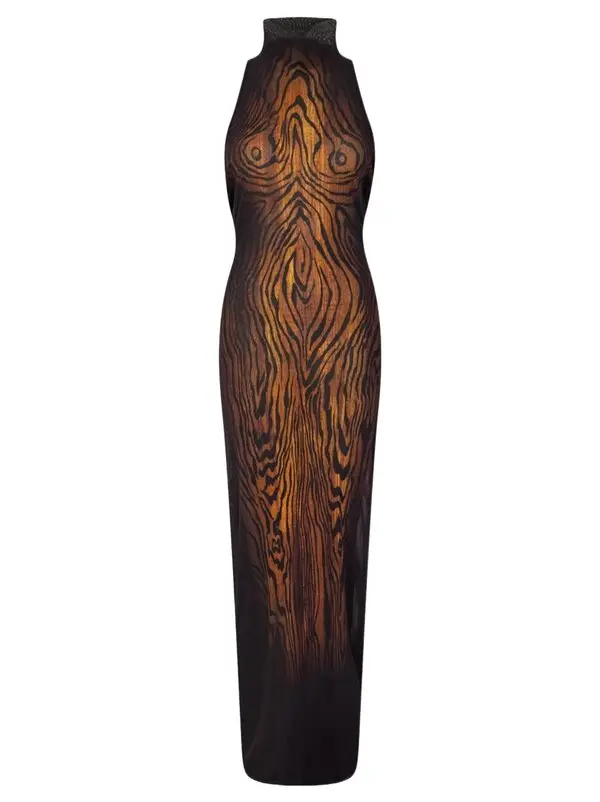 JEAN PAUL GAULTIER Sleeveless High Collar Maxi Printed Dress - Black