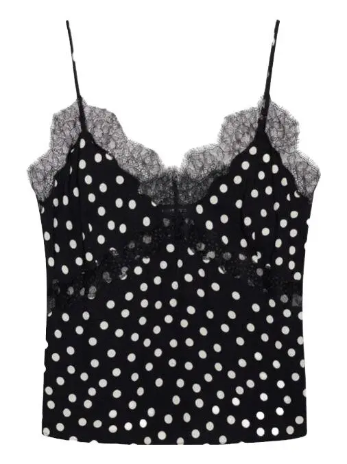 ANINE BING Polka Dot Lace Trimmed Camisole - White/black