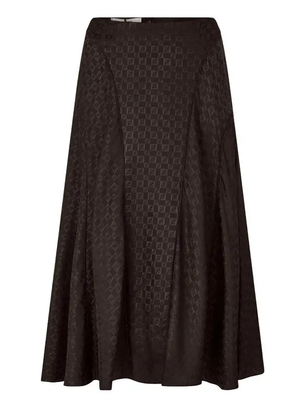 Fendi Dark Brown Monogram Jacquard Flared Midi Skirt - Black