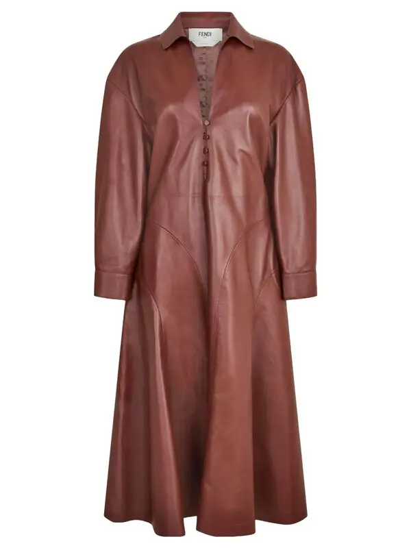 Fendi Leather Collared Long-sleeve Midi Dress - Red