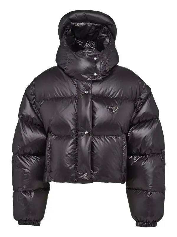 Prada Cropped Puffer Jacket With Logo Plaque - Black