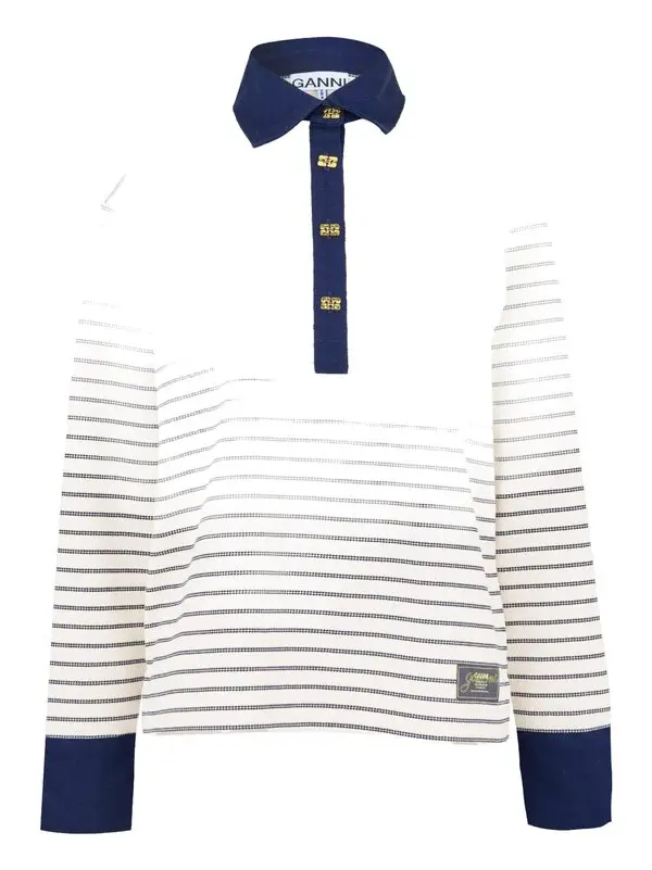 GANNI Striped Long Sleeve Polo Shirt - No