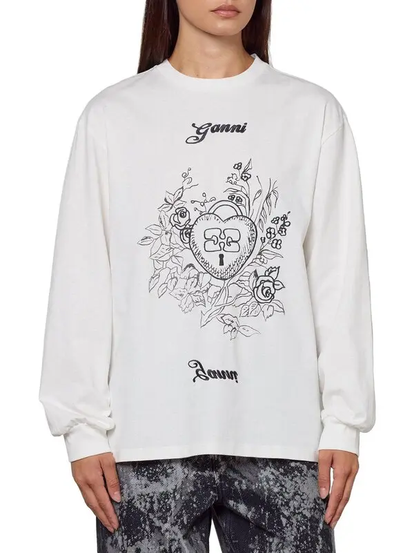 GANNI Long Sleeve T-shirt With Vintage Hand-drawn Print - White