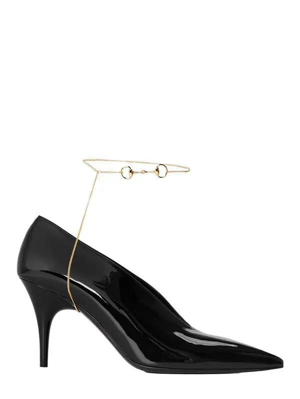 Gucci Patent Leather Court Shoe With Ankle Chain - Black