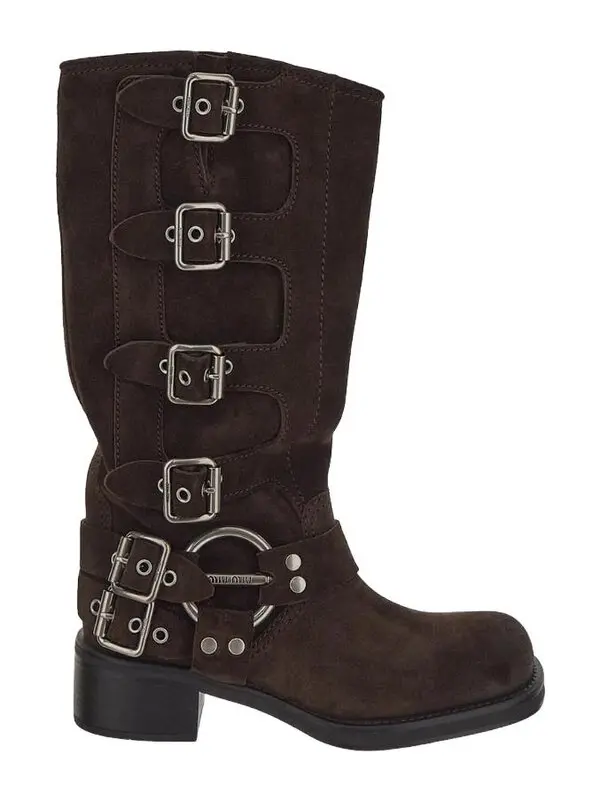 Miu Miu Logo-engraved Buckle Detail Block Heel Boots - Dark Brown