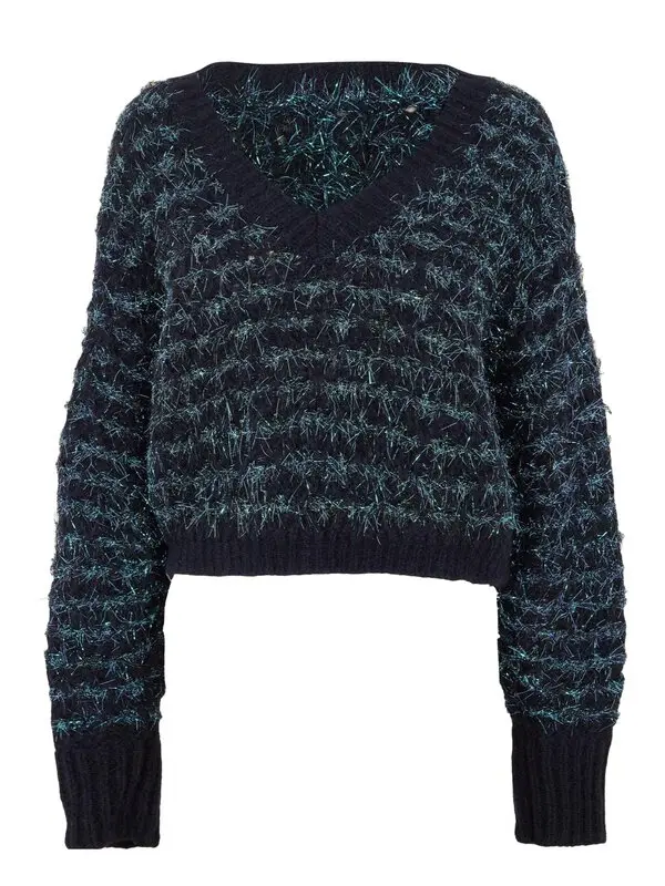 Hugo Boss Cropped V-neck Knit Top With Metallic Yarn - Black