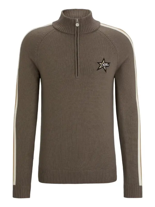 Hugo Boss Quarter-zip Sweater With Striped Sleeves - Brown