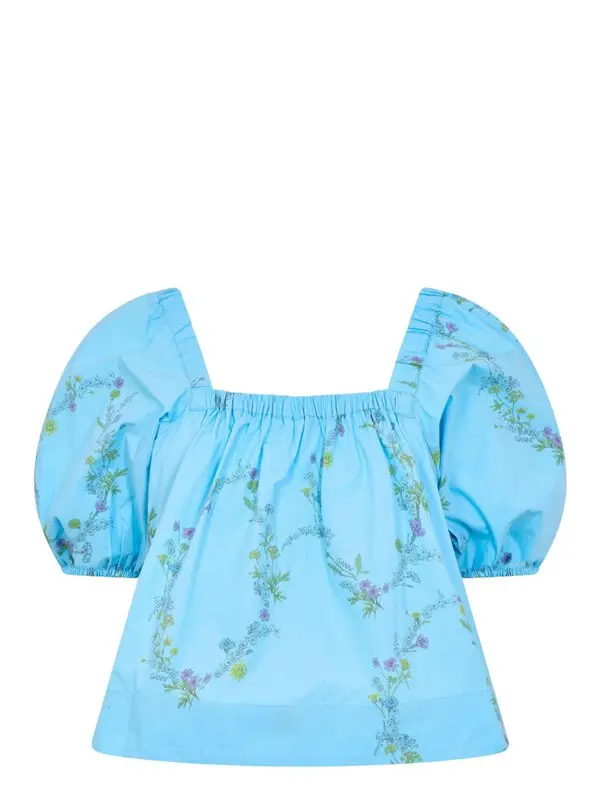GANNI Floral Print Puff Sleeve Top - Blue