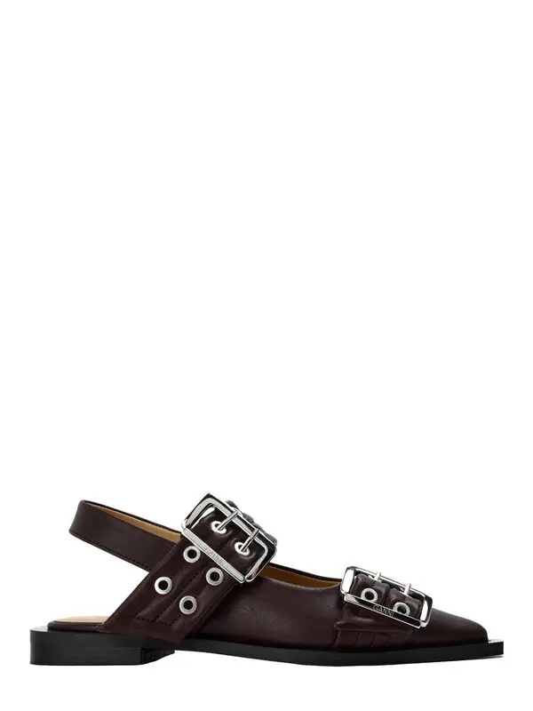 GANNI Leather Slingback Flat Mules With Double Buckle Straps - Black