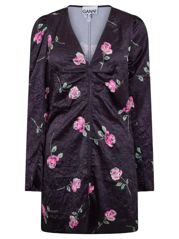 GANNI Floral V-neck Long Sleeve Mini Dress - Black