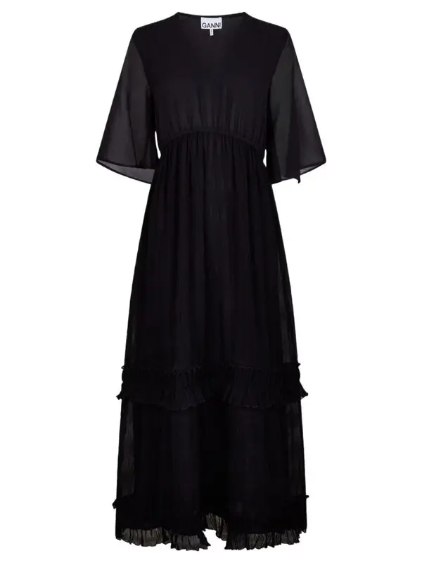 GANNI Ruffled Short Sleeve Maxi Dress - Black