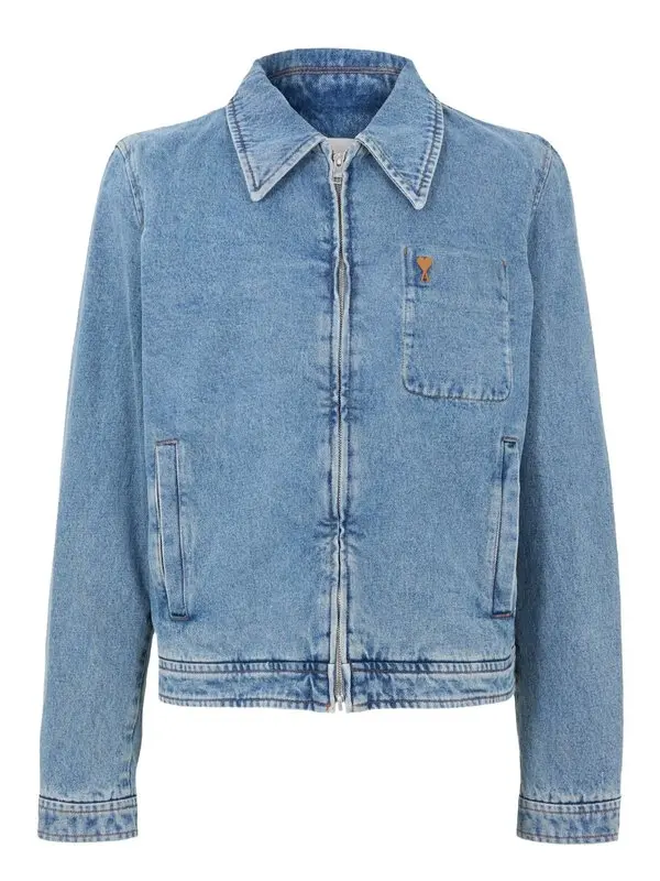 AMI Paris Embroidered Lapel Denim Jacket - Blue