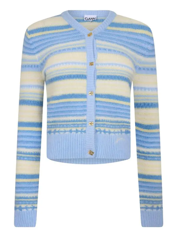 GANNI Cropped V-neck Knit Cardigan With Horizontal Gradient Stripes - Blue