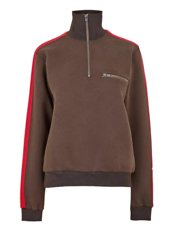 MAISON MARGIELA Crew Neck Half Zip Sweatshirt With Contrast Stripes - Brown