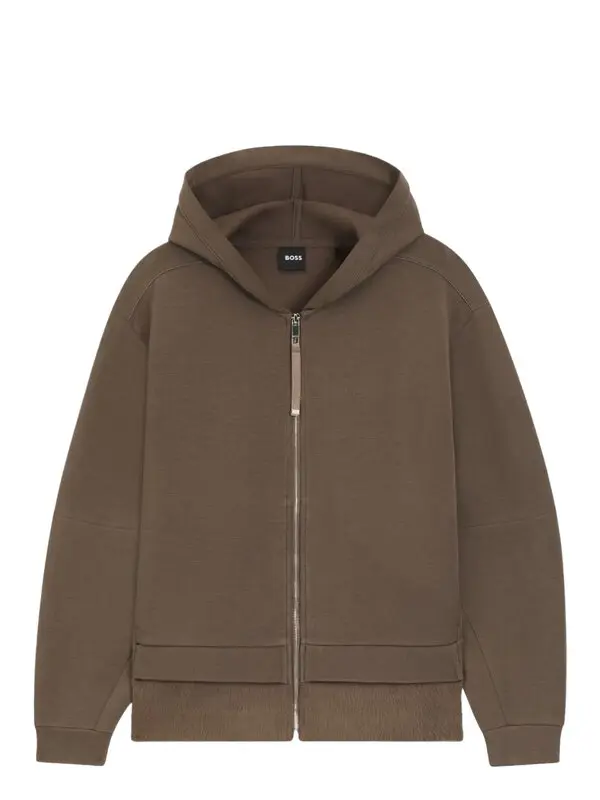 Hugo Boss Zip Up Hooded Fleece Top With Logo Patch - Brown
