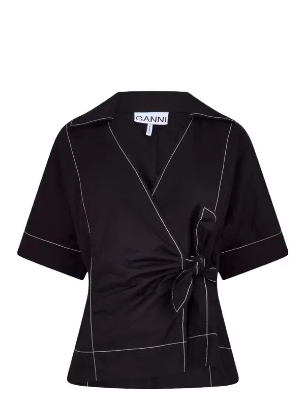 GANNI Wrap Blouse With Drawstring - Black