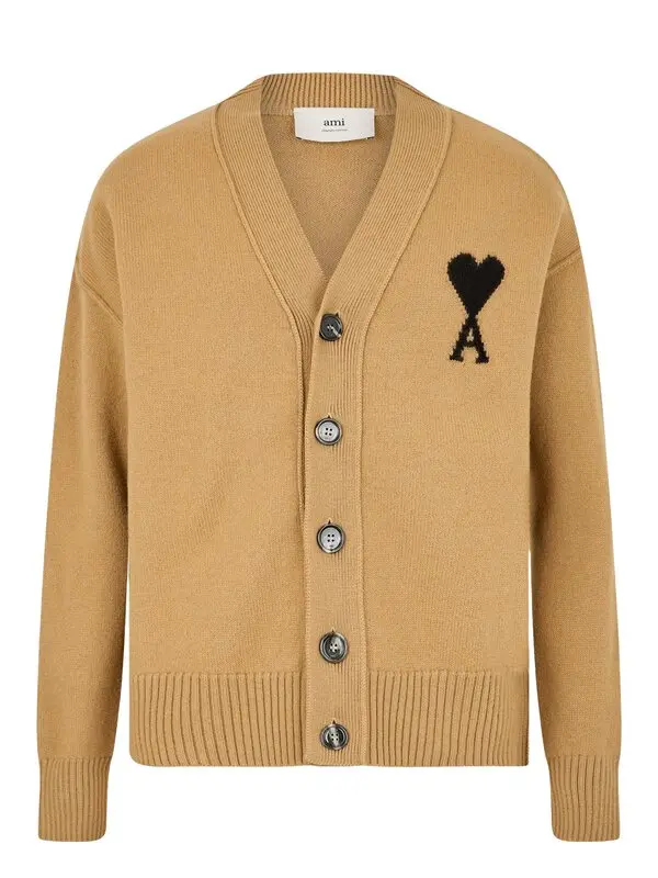 AMI Paris Knitted Cardigan With Logo Detail - Nude
