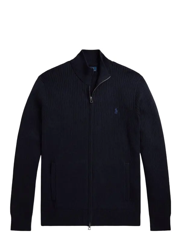 Polo Ralph Lauren Ribbed Knit Full-zip Sweater With Stand Collar - Black