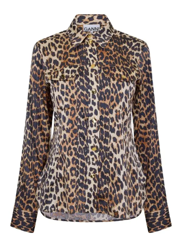 GANNI Slim Fit Leopard Print Shirt - Black