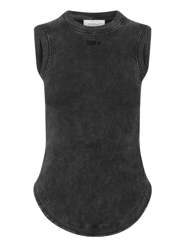 Off-White Sleeveless Round Neck Tank Top With Irregular Hem - Black