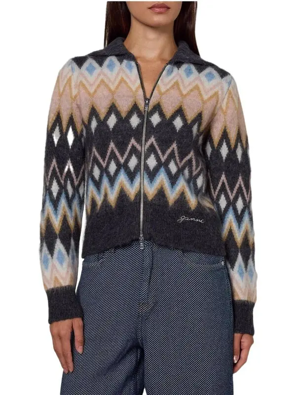 GANNI Zip-up Knit Jacket With Fair Isle Pattern - Black