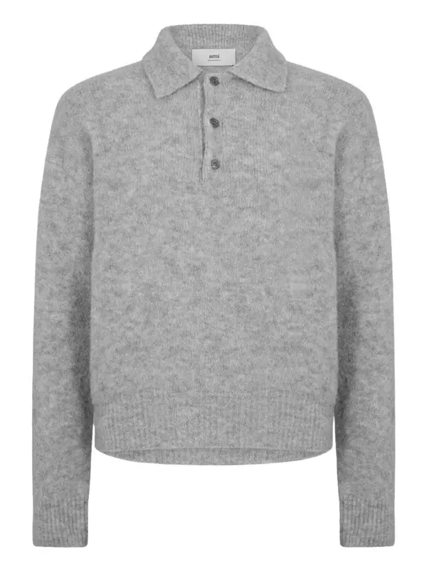 AMI Paris Knitted Polo Sweater - Gray