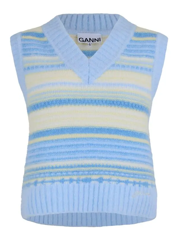 GANNI Striped V-neck Knit Vest - Blue